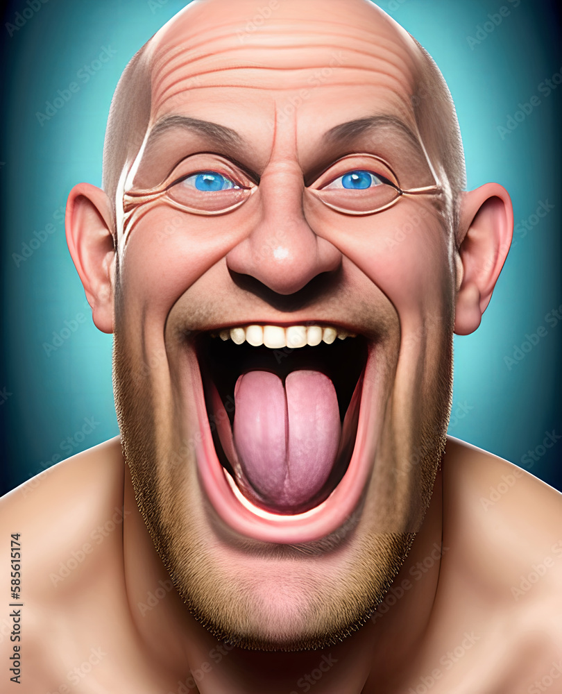 Caricature Bald Man Exaggerated Open Mouth Smile Laughing and Reacting ...