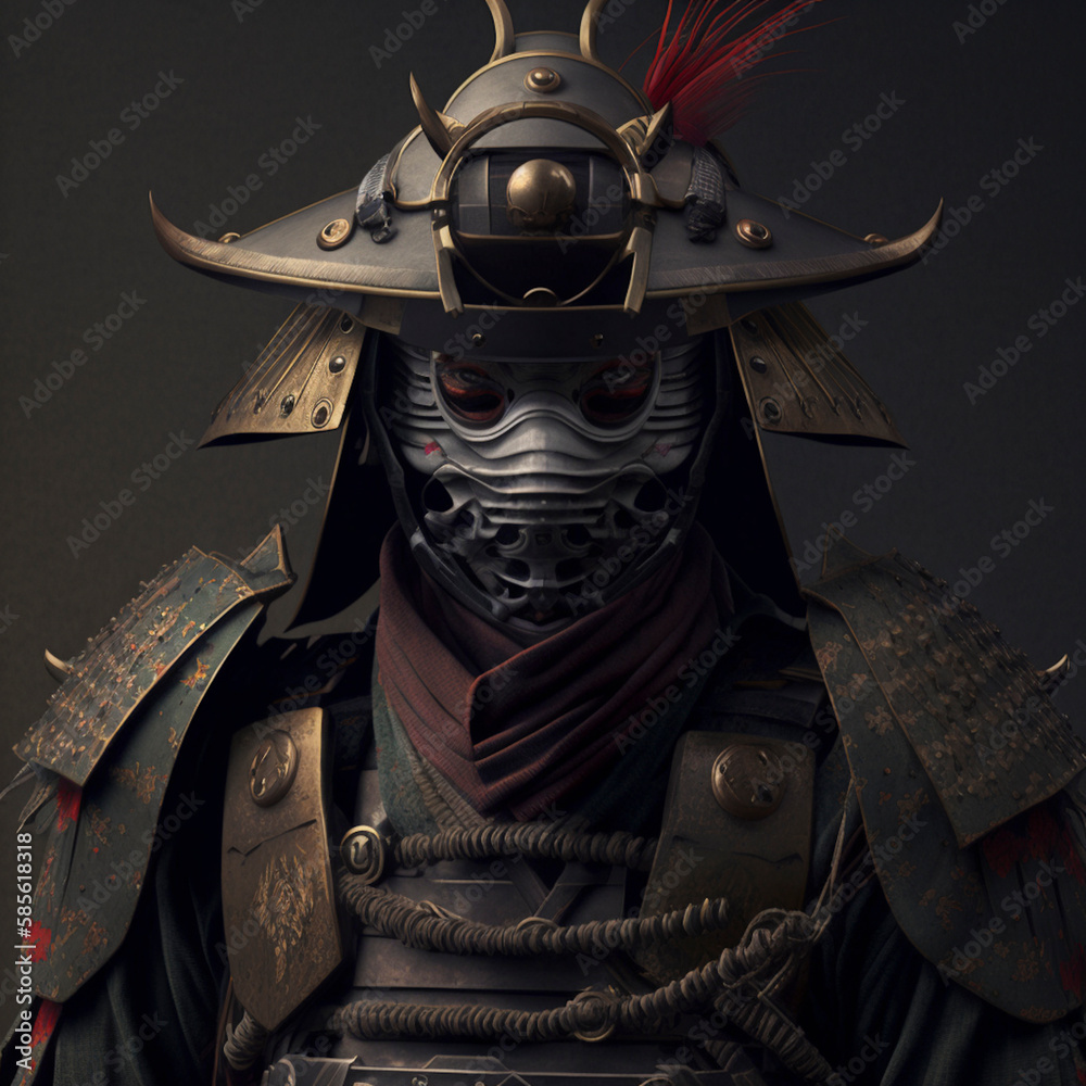 Illustration of a japanese face creepy old army,samurai army suit ...