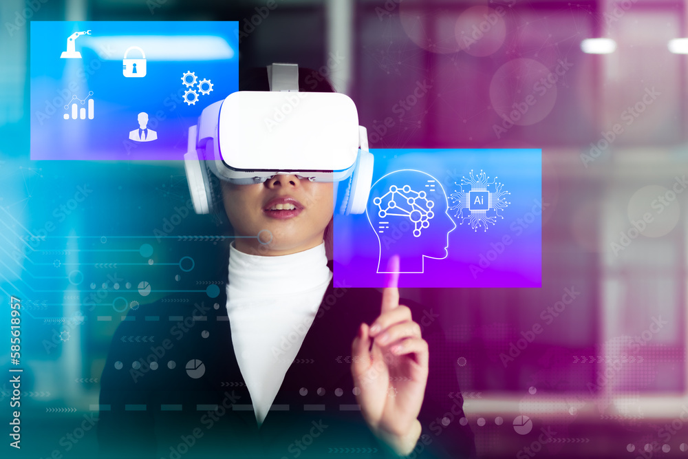 Virtual reality, businesswoman with vr headset, globalization or future ...