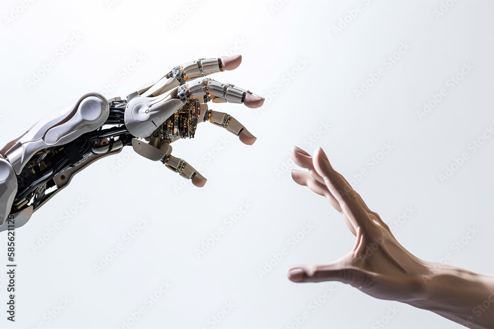 a hand reaching out towards a robot hand, artificial intelligence ...