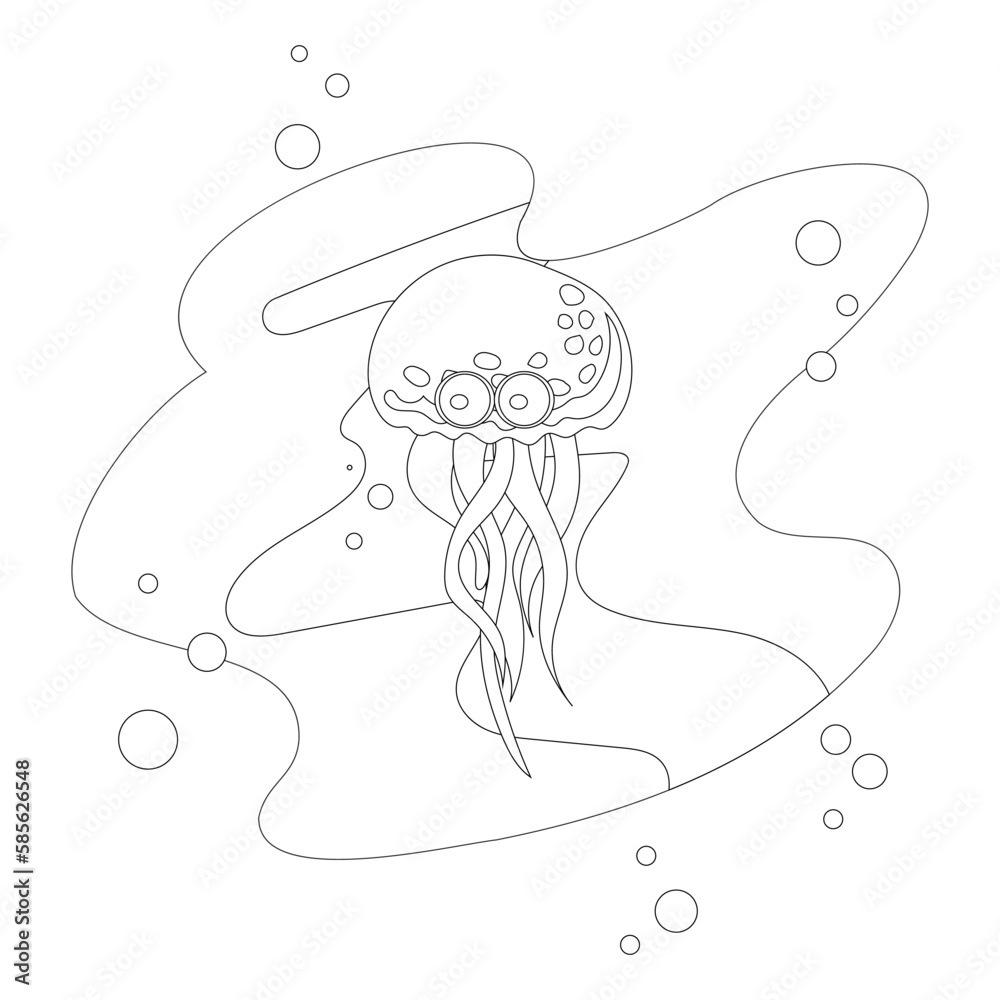 Cute Jellyfish Coloring Page Vector Illustration isolated on White. sea ...