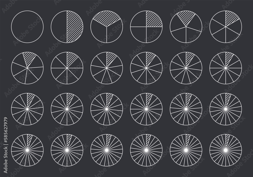 Circles divided into parts from 1 to 24. Outline round chart for infographic, pie portion or ...