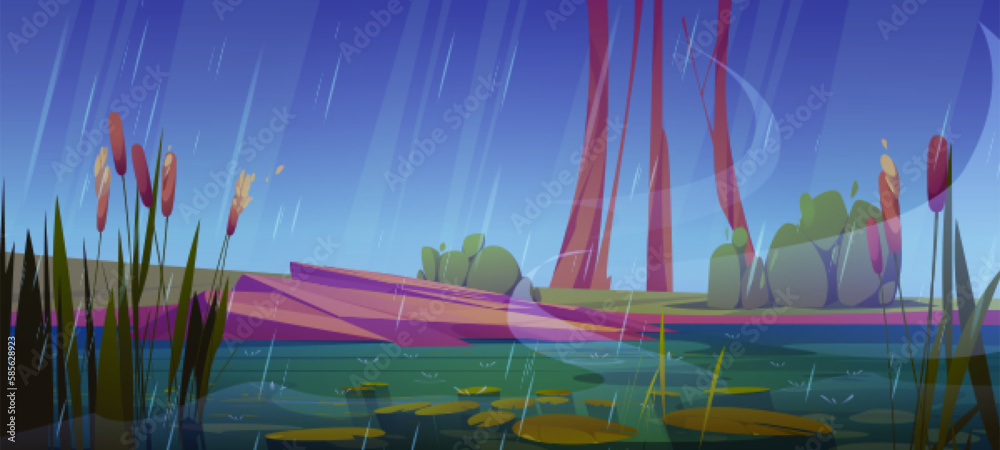 Green swamp and cattail near lake, rainy day vector background. Pond in ...