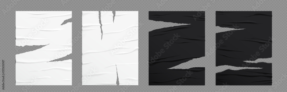 Realistic set of ripped glued wall posters isolated on transparent ...