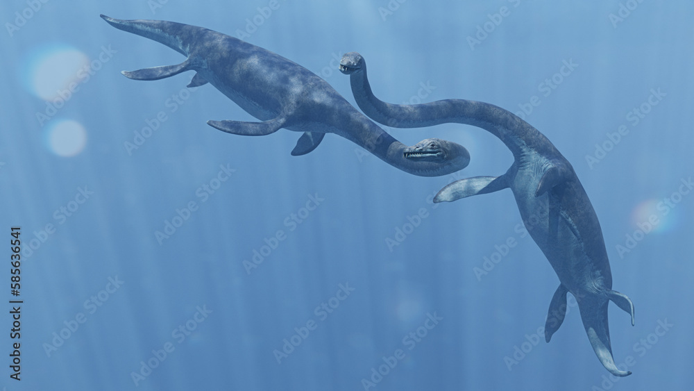 Elasmosaurus, majestic plesiosaur couple swimming together in the ...