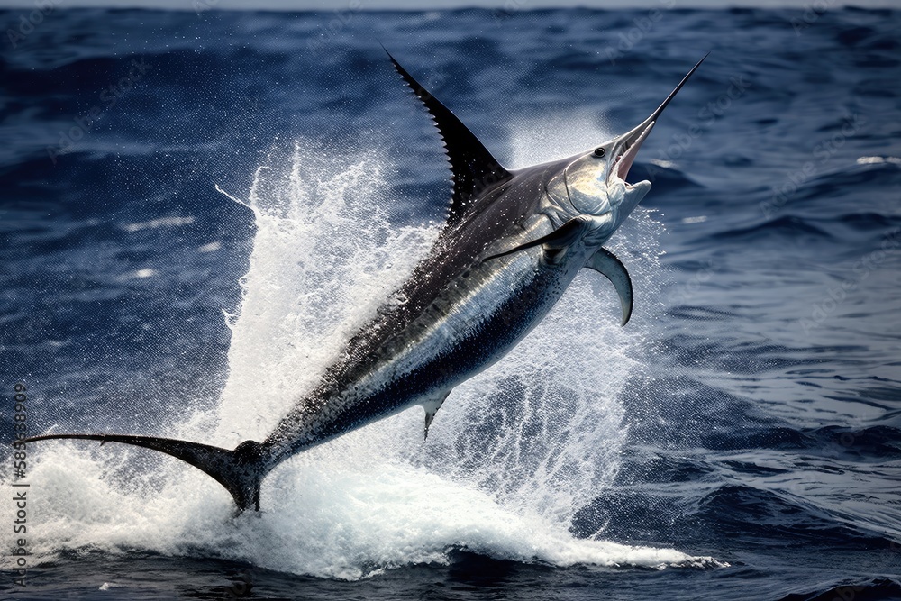 massive marlin jumping out of the water and into the air, its bill and ...