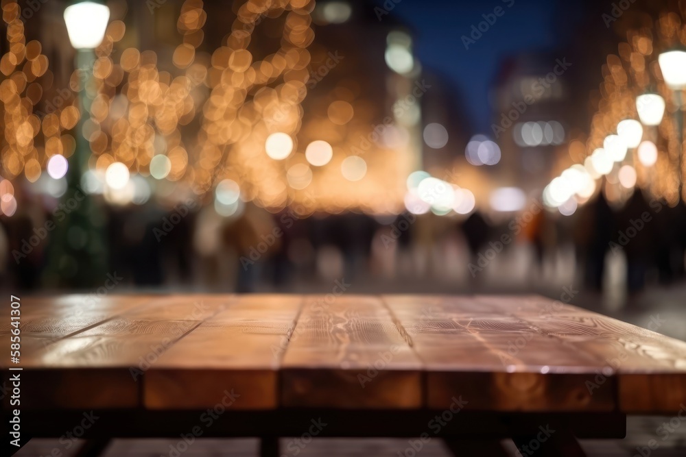 Empty wooden table, blur city street at night, bokeh lights background ...