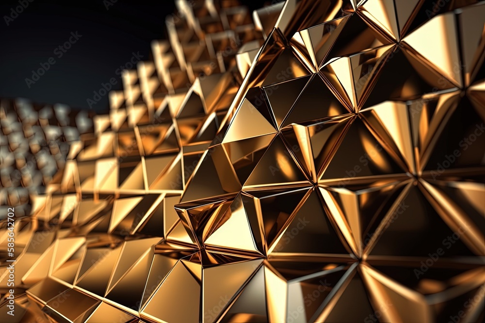geometric wall made up of equilateral triangles in metallic gold colors ...