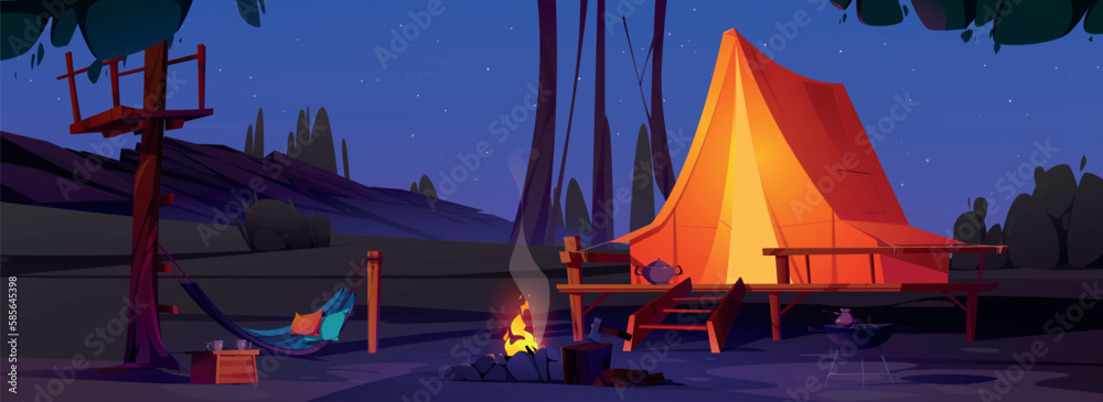 Vetor de Night camp with tent, burning bonfire and hammock. Vector ...