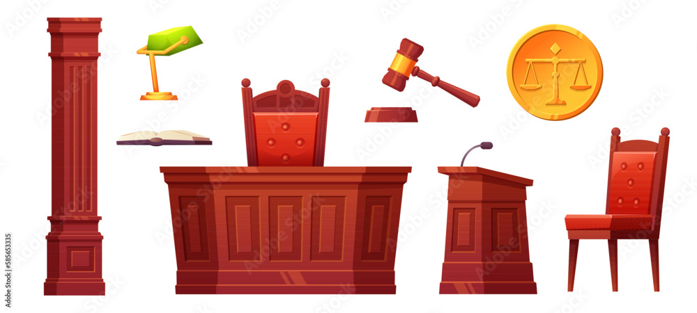 Cartoon courtroom furniture and design elements isolated on white ...