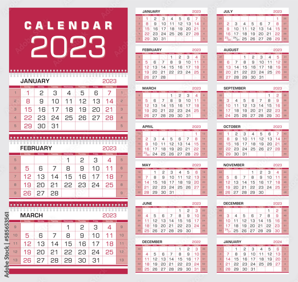 Calendar 2023. Wall quarterly calendar with week numbers. Week start ...