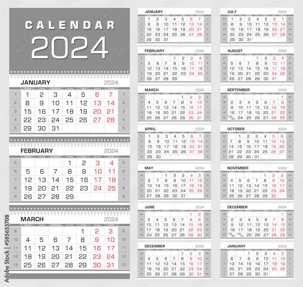 Calendar 2024. Wall quarterly calendar with week numbers. Week start ...