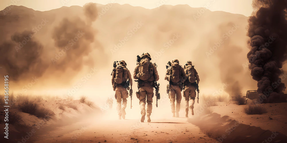 military special forces soldiers crosses destroyed warzone through fire ...