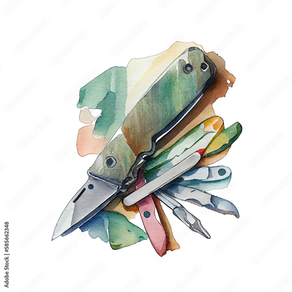Watercolor clipart of a Multi-tool or pocket knife. Transparent ...
