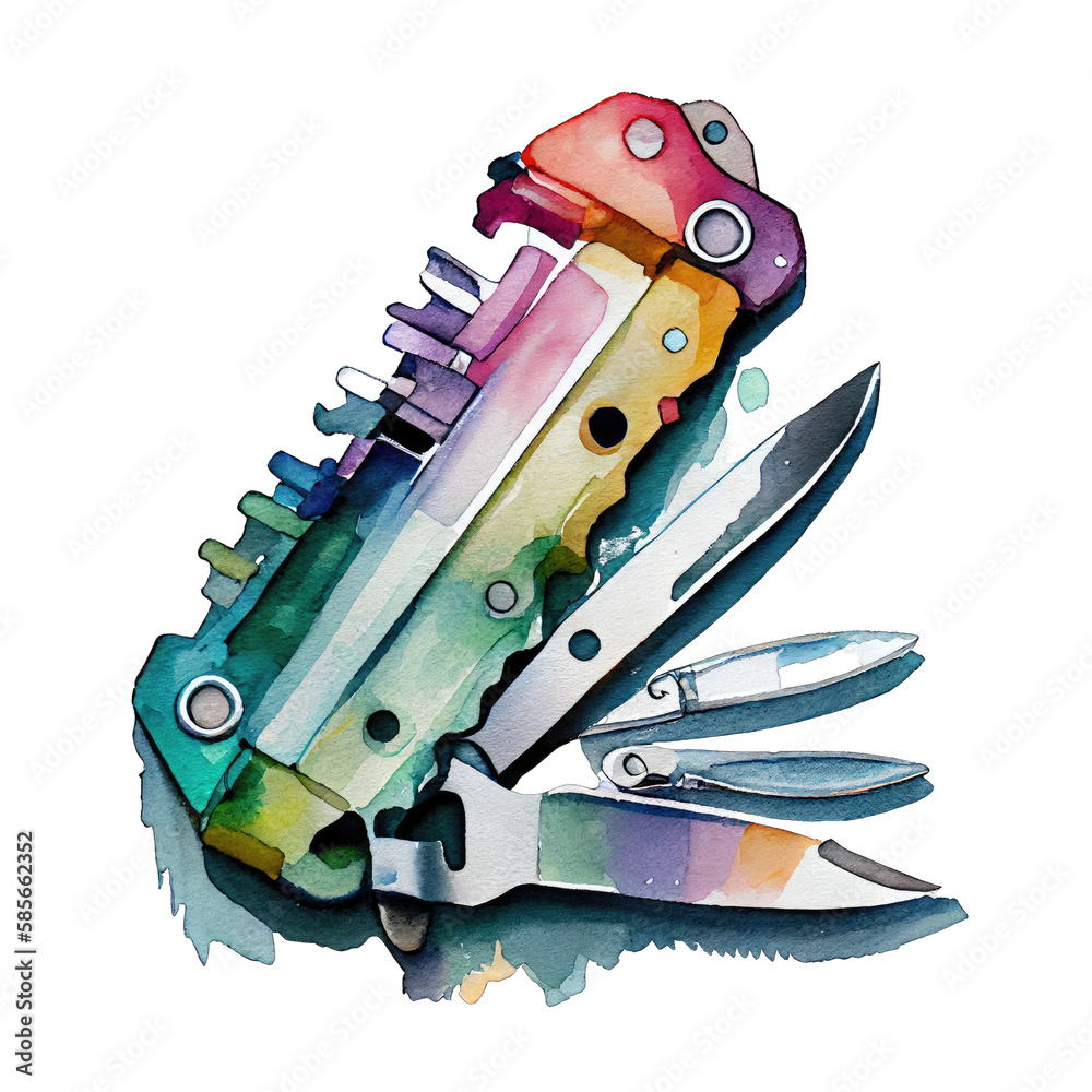 Watercolor clipart of a Multi-tool or pocket knife. Transparent ...