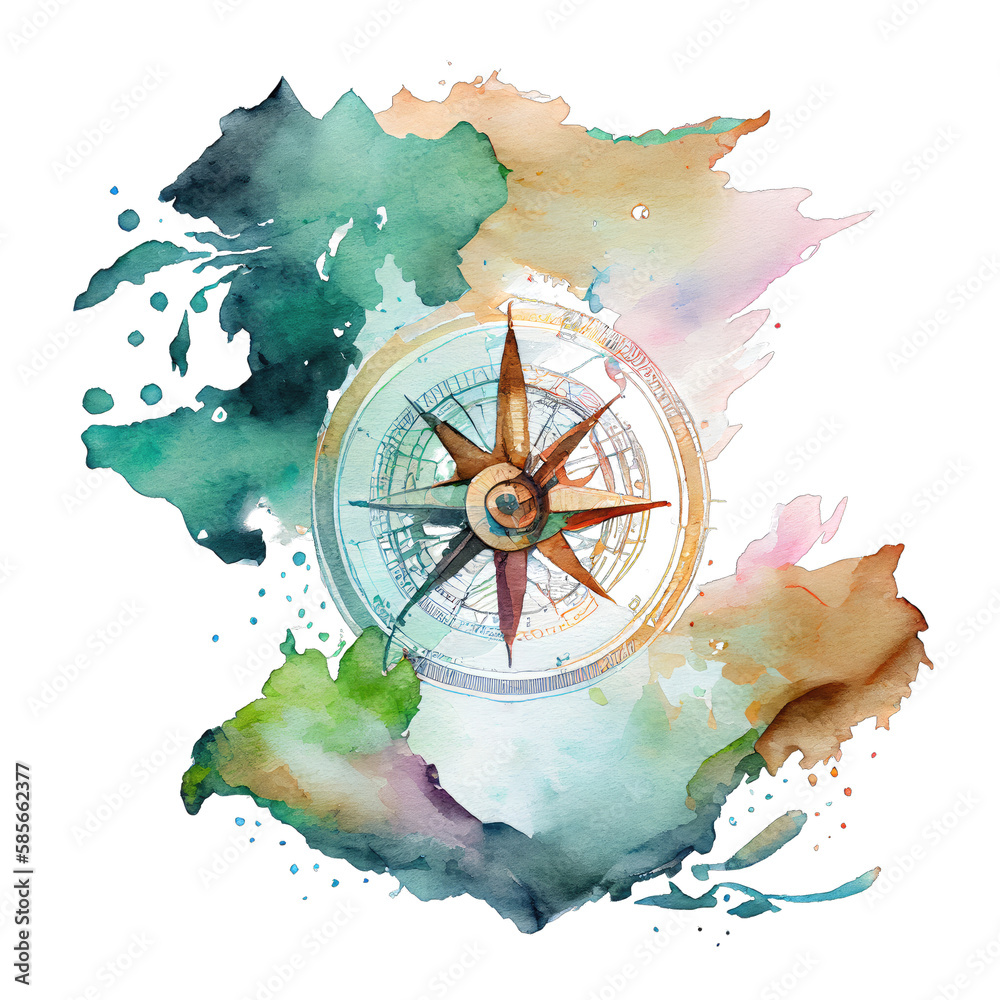 Watercolor clipart of a Maps and compass. Transparent background ...