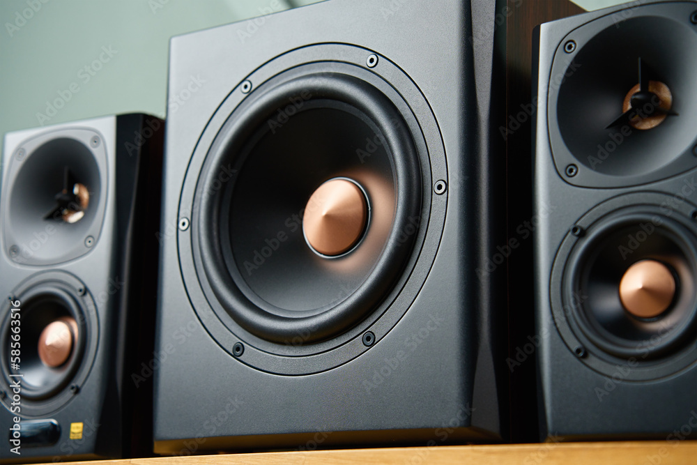 Sound speaker in living room interior. Set for listening music. Audio ...