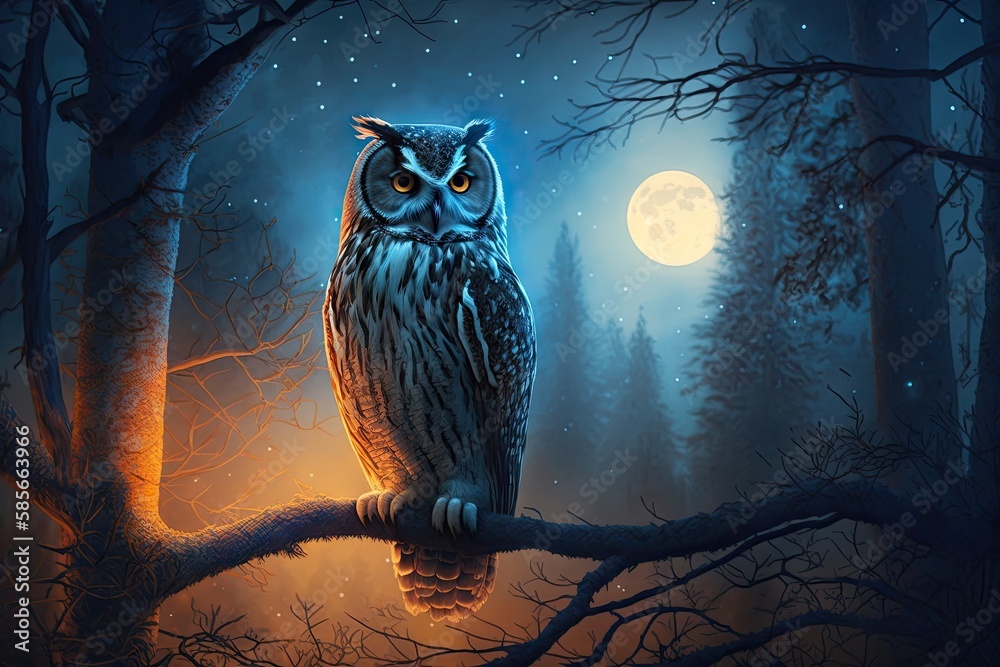 owl hooting in moonlit forest, with the glow of the moon shining ...