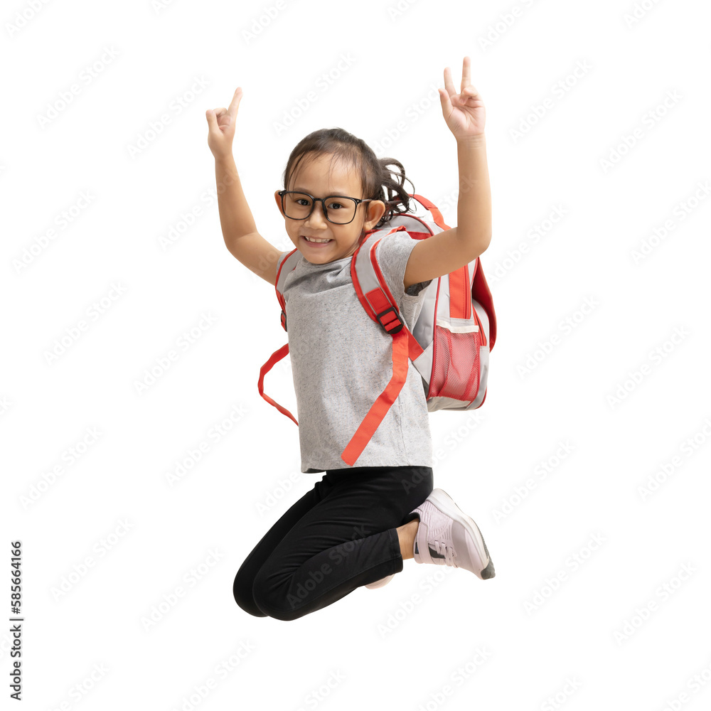 School girl, Happy smiling Asian student school kid jumping for joy ...