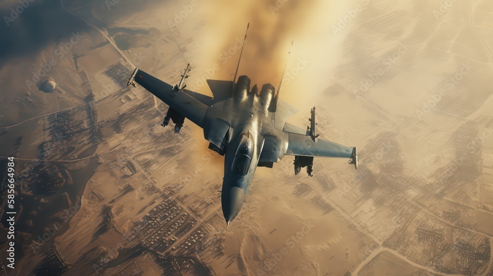 aerial high view of a generic military fighter jet crosses over a ...