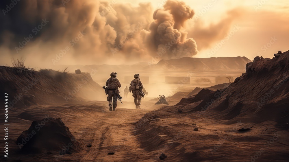 military special forces soldiers crosses destroyed warzone through fire ...