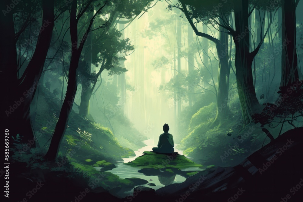 Finding Solace in Nature: A Digital Painting of a Person Sitting Amidst ...