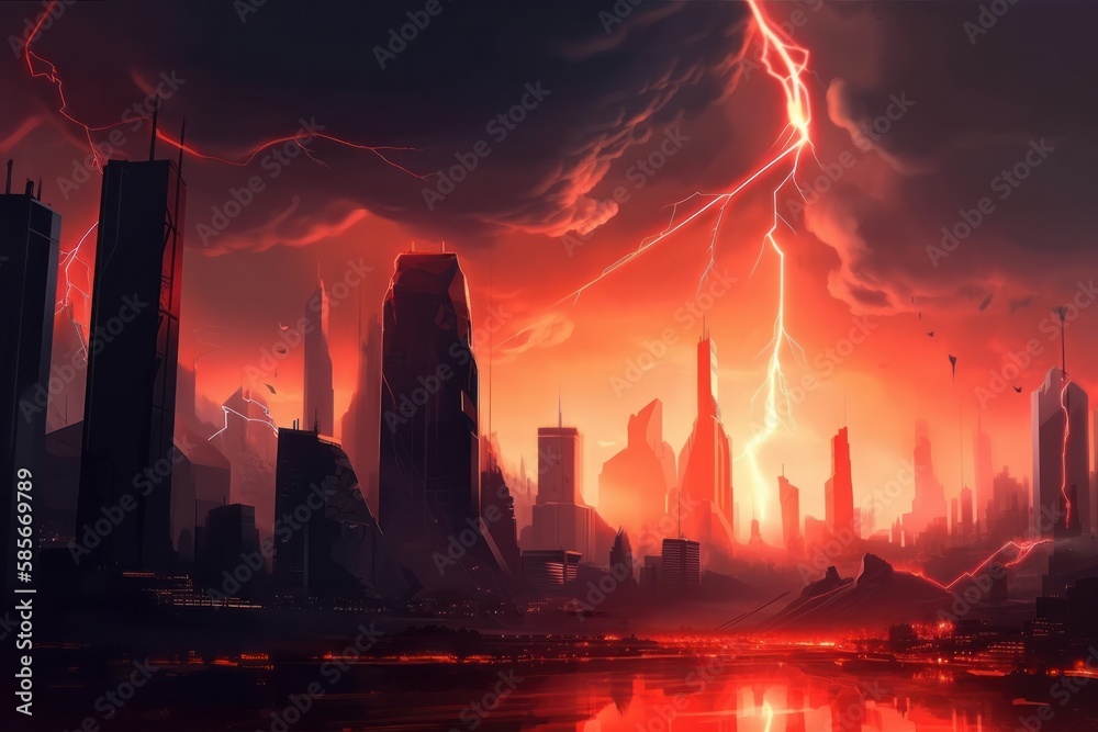 Red Thunder Cityscape: A Fiery Digital Painting Depicting the Burning ...