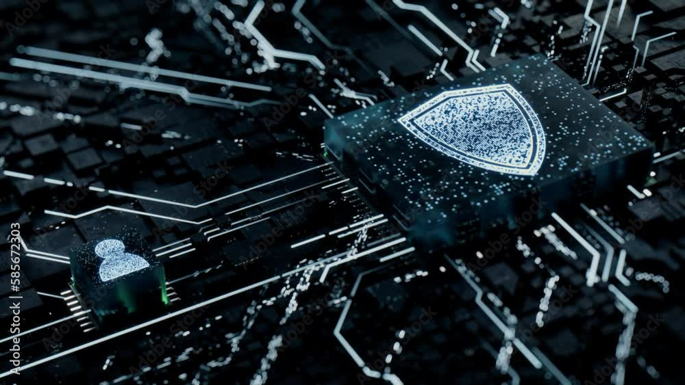 Security Technology Concept with shield symbol on a Microchip. White Neon Data flows between the ...