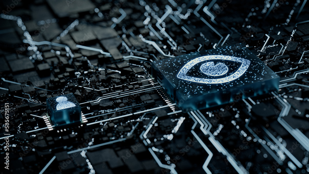 Vision Technology Concept with eye symbol on a Microchip. White Neon ...