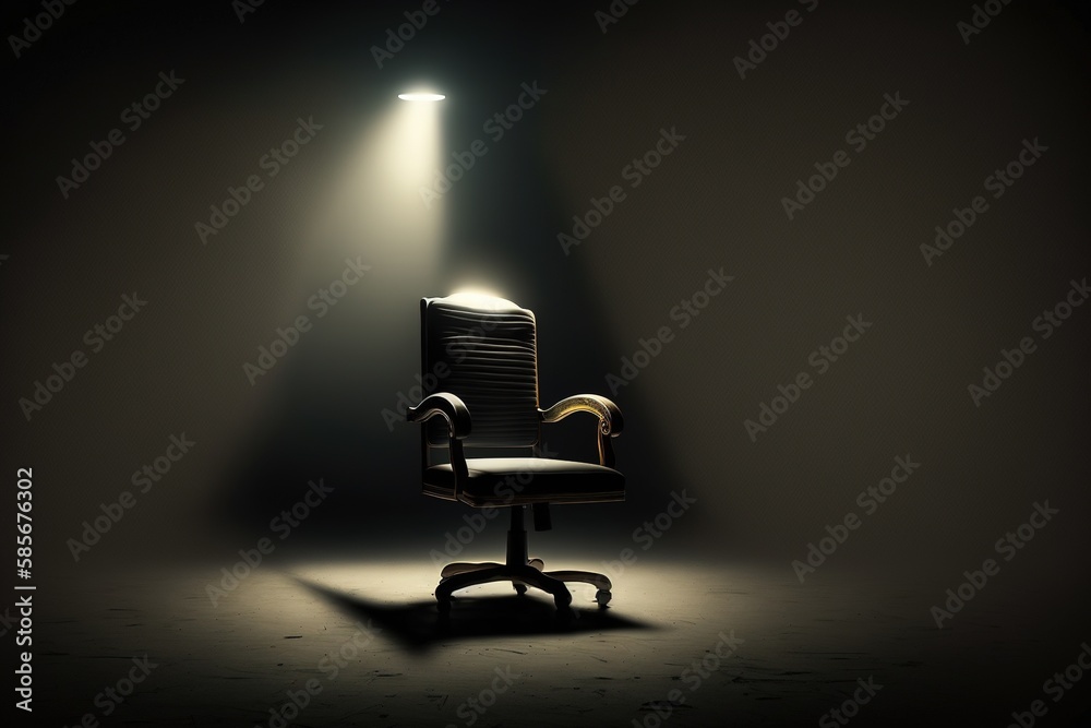 An office chair in a beam of studio light in the middle of a dark room ...