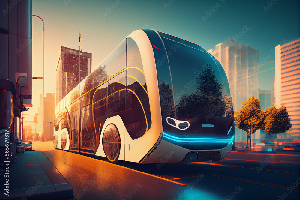 Futuristic electric passenger city bus driving trough modern town ...