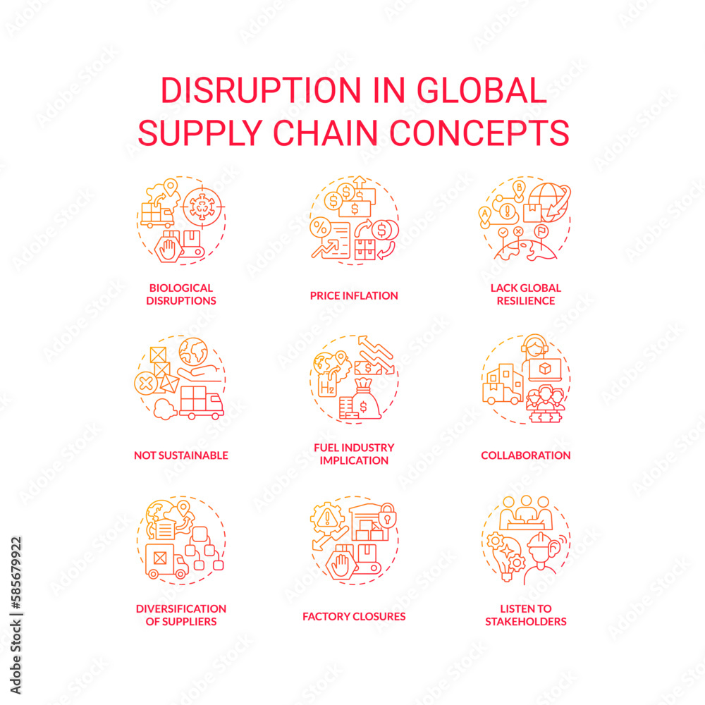 Disruption in global supply chain red gradient concept icons set ...