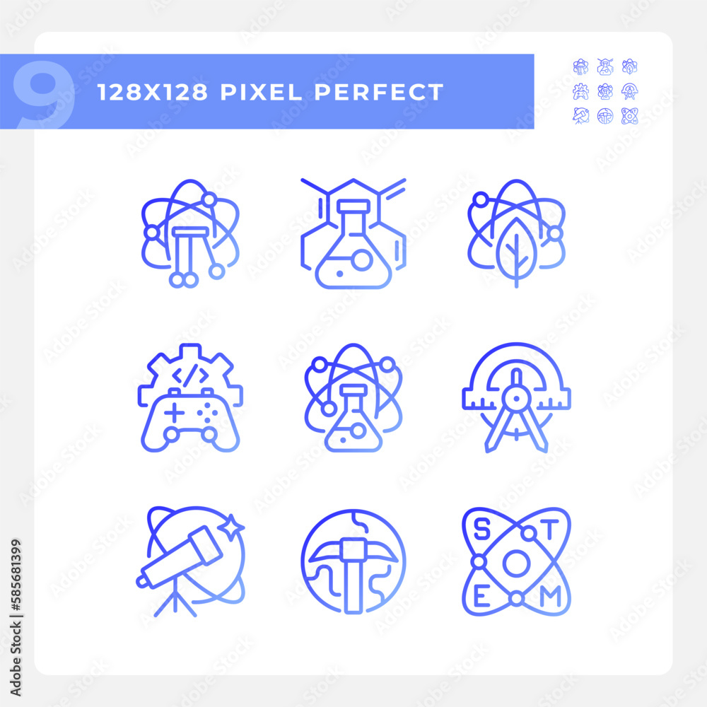 Opportunities of STEM education pixel perfect gradient linear vector icons set. Innovative ...