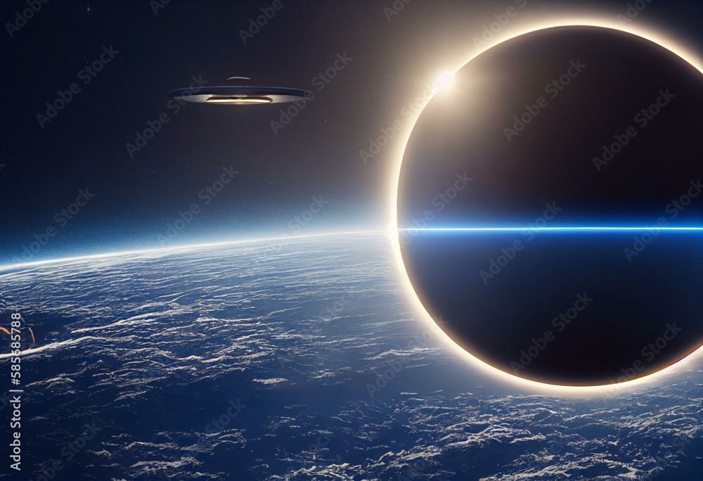 A flying saucer vehicle is seen in space from earth. A UFO, an ...