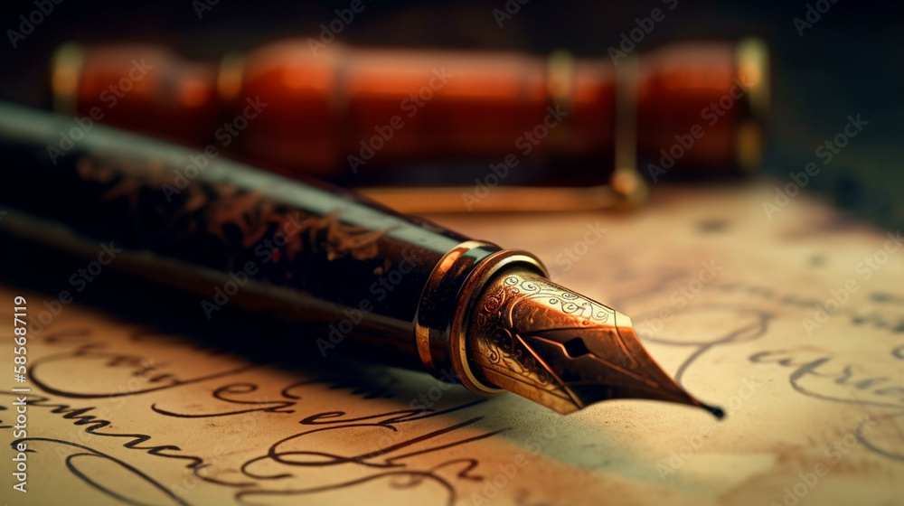 Fountain pen on an antique handwritten letter. Vintage nib pen and ...