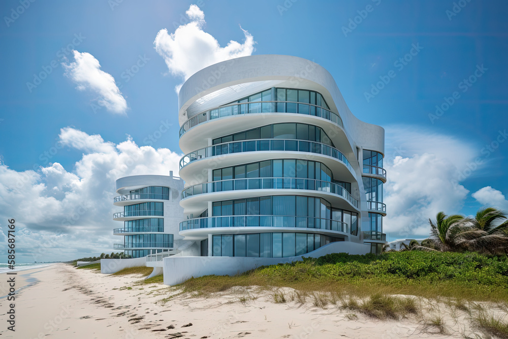 bâtiment en bord de mer sur la plage, architecture aux lignes courbes ...