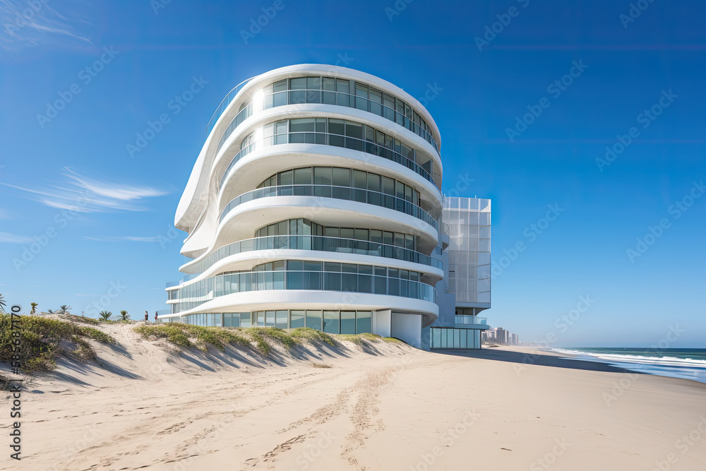 bâtiment en bord de mer sur la plage, architecture aux lignes courbes ...