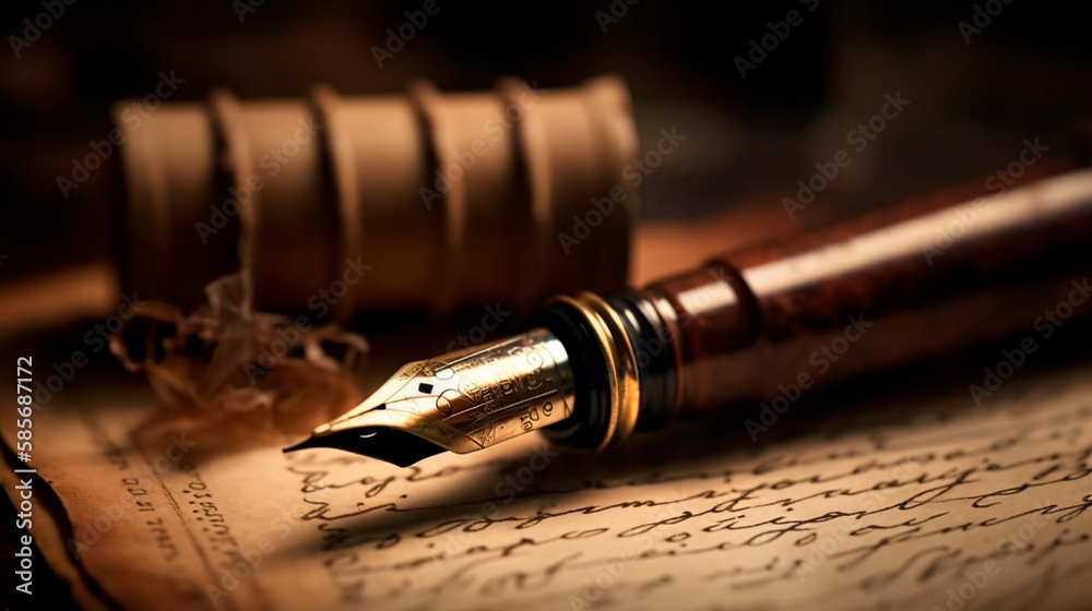 Fountain pen on an antique handwritten letter. Vintage nib pen and ...