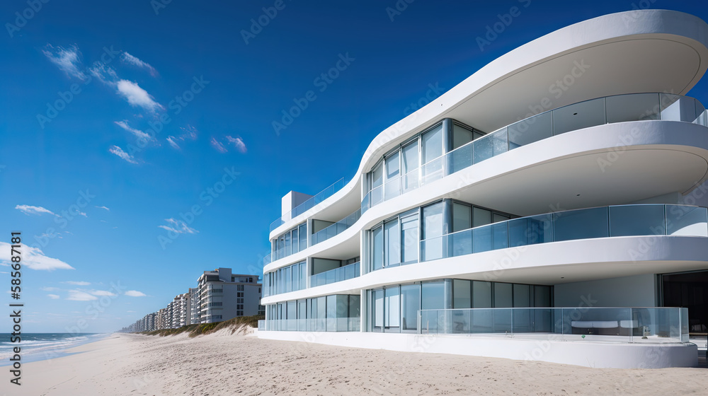 bâtiment en front de mer sur la plage, architecture aux lignes courbes ...