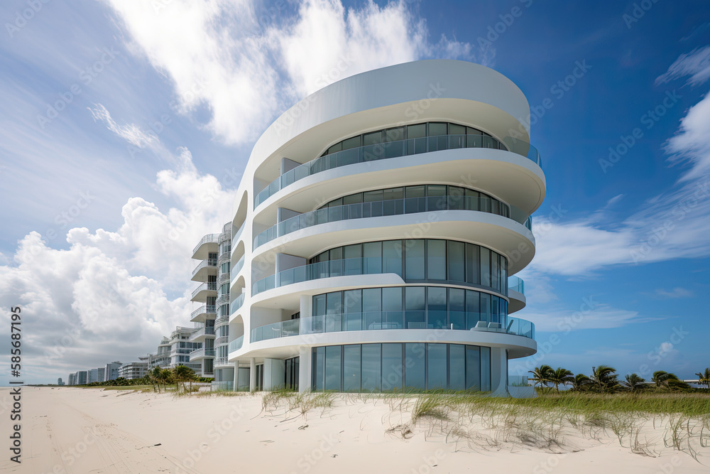 bâtiment sur la plage, architecture aux lignes courbes et épurées et ...