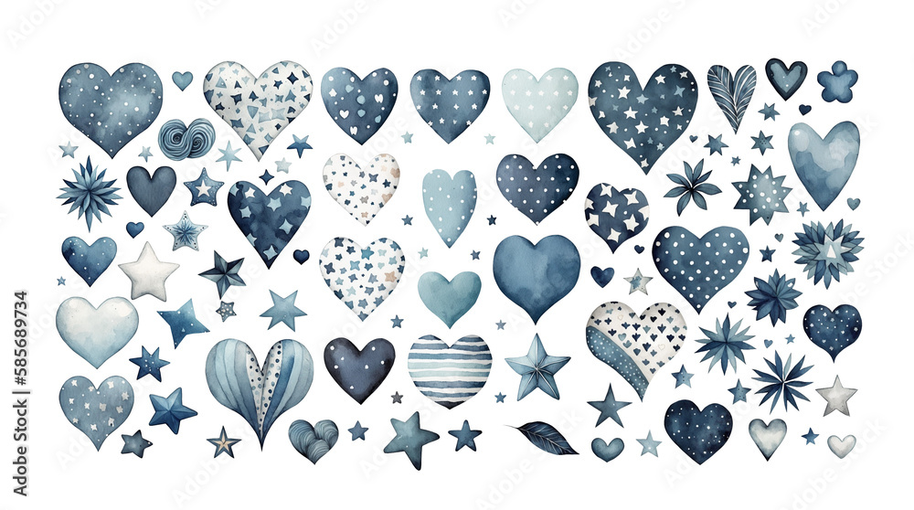 Hearts and stars. Vintage watercolor clipart set. Transparent png ...