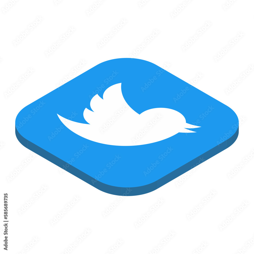 Twitter social media app icon. 3D isometric square with rounded corners ...