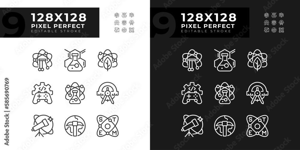 Opportunities of STEM education pixel perfect linear icons set for dark ...