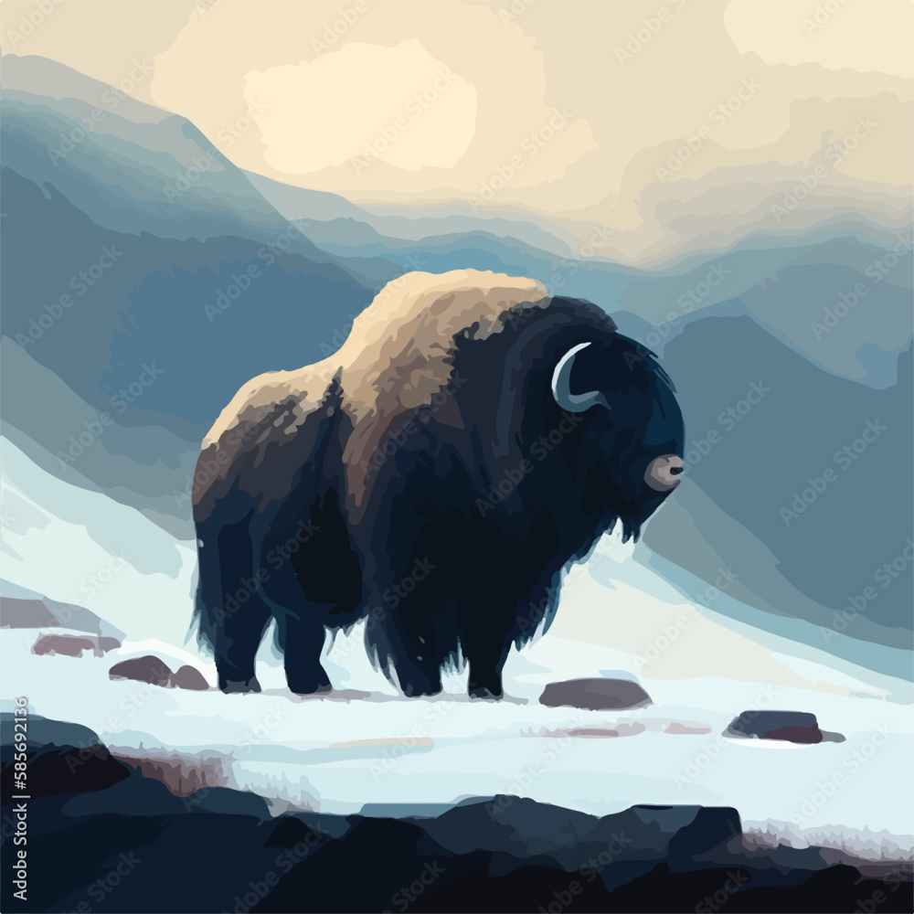 Muskox in snowy terrain. Arctic animals in natural habitat. Flat vector ...