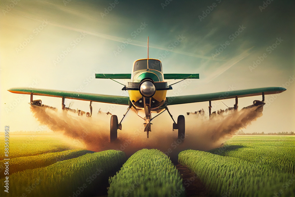 Agriculture plane duster fly over crop fields, spraying with herbicydes ...