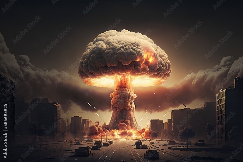 catastrophic nuclear explosion in modern city, with towering flames and ...