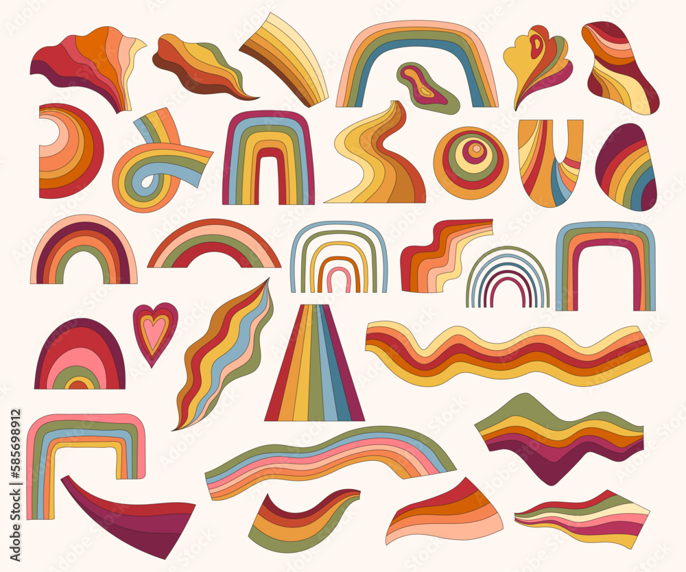Groovy retro rainbow shape isolated clip art bundle, 70s nostalgia vibes, rainbow colored ...