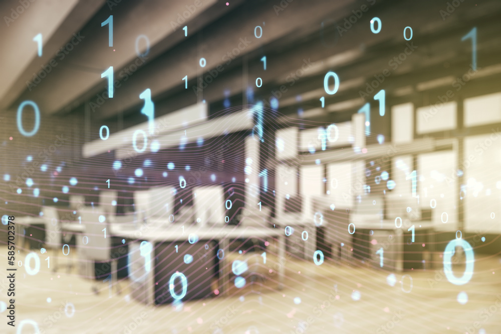 Abstract virtual binary code hologram on a modern furnished classroom ...