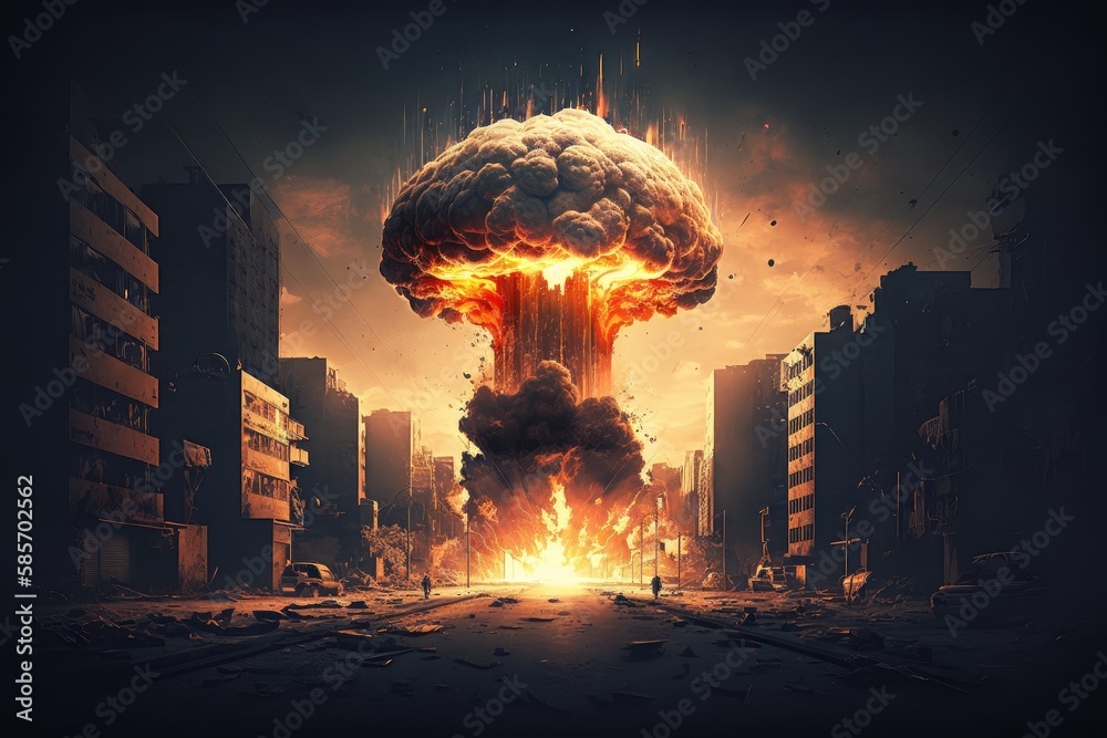 nuclear bomb going off in war-torn city, with smoke and flames rising ... nuclear bomb going off in war-torn city, with smoke and flames rising ...