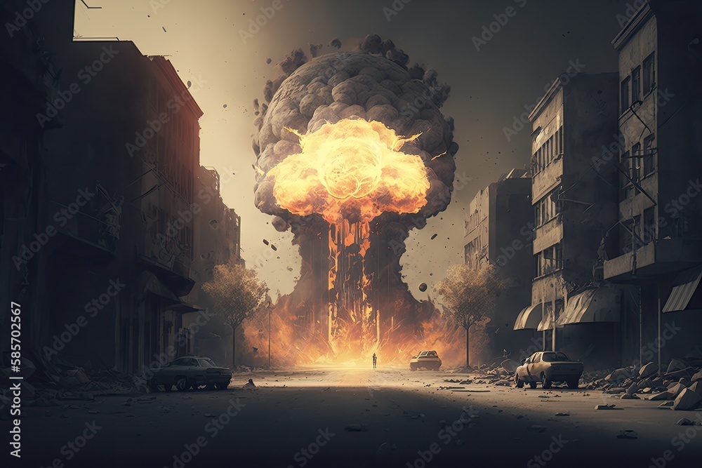 nuclear bomb going off in war-torn city, with smoke and flames rising ...